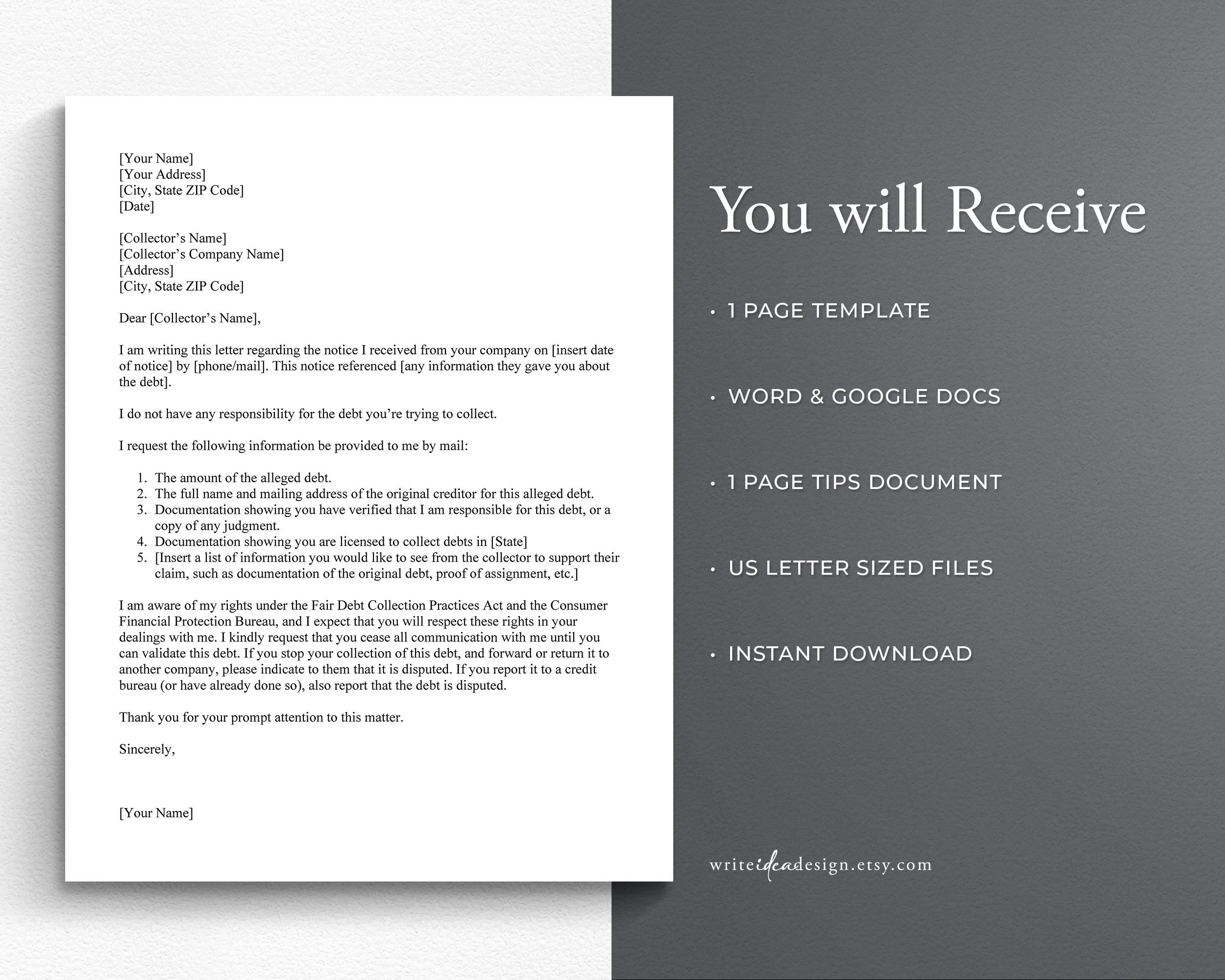 Debt Collection Dispute Letter Template. Google Docs/microsoft - Etsy ...