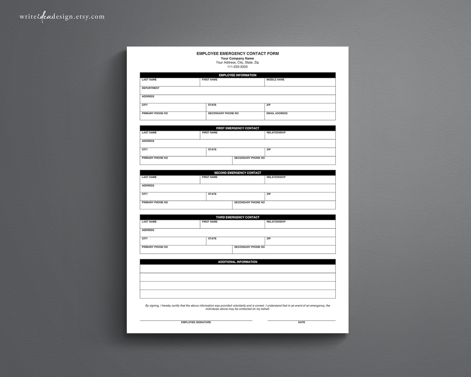 Employee Emergency Contact Form: Editable Template (pdf/google Docs ...