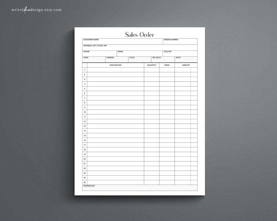 Printable Order Template. Order Form. Sales Order Template. - Etsy