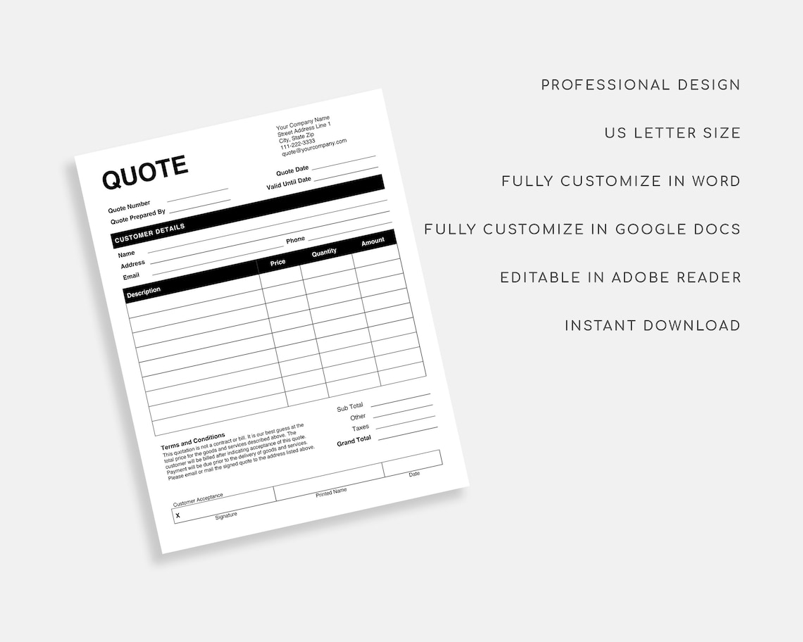 Quote Template. Pdf/google Docs/microsoft Word. Quote Form. | Etsy ...