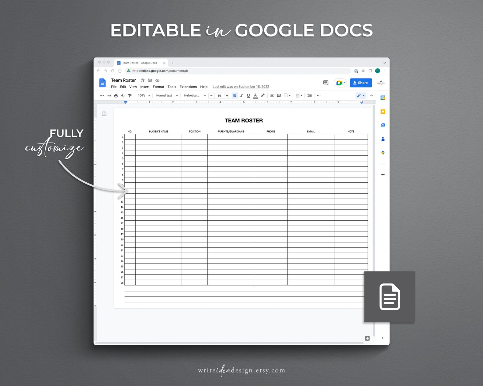 Sports Team Roster Template: Printable PDF, Google Docs, Word - Etsy