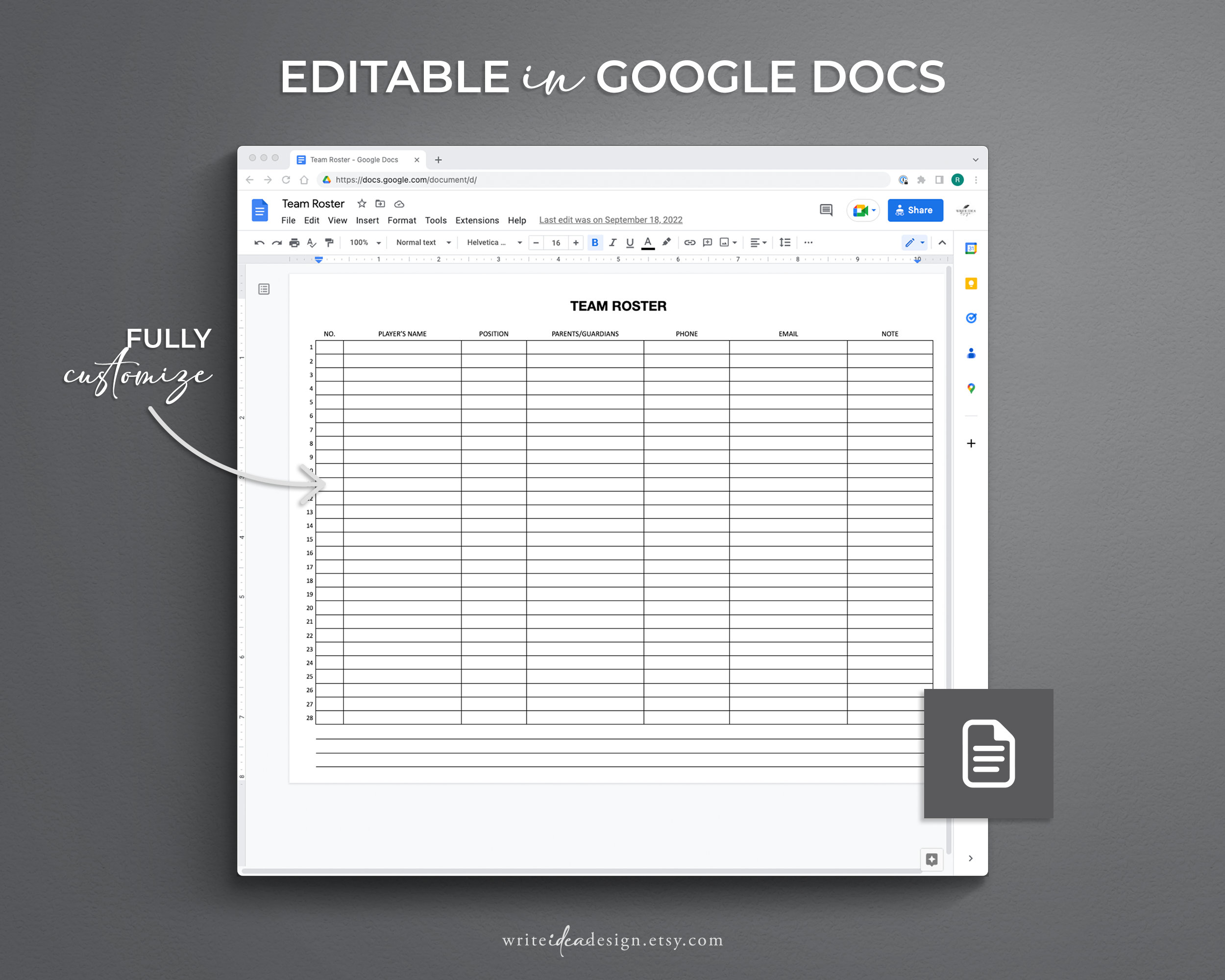 Sports Team Roster Template: Printable PDF, Google Docs, Word - Etsy