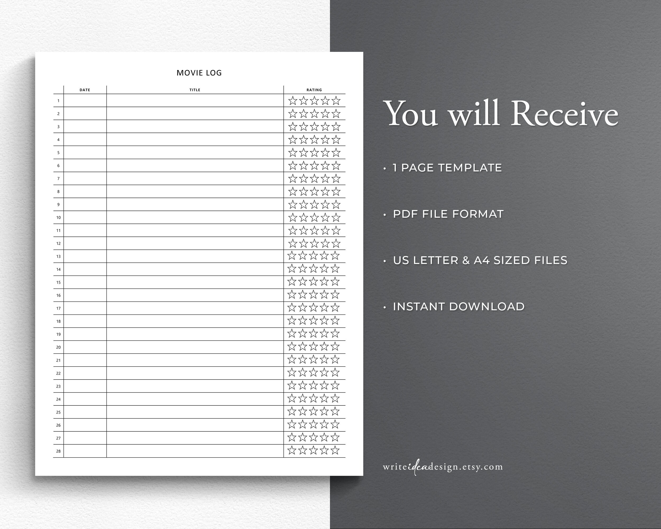Printable Movie Log: Movie Tracker & Journal (a4/letter) - Etsy