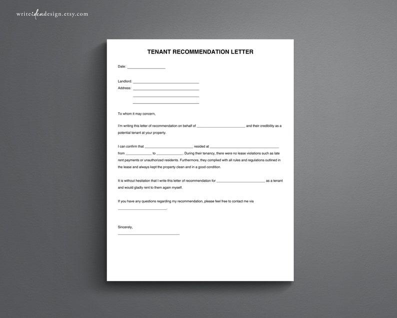 Tenant Recommendation Letter Template (google Docs, Word, PDF) - Etsy