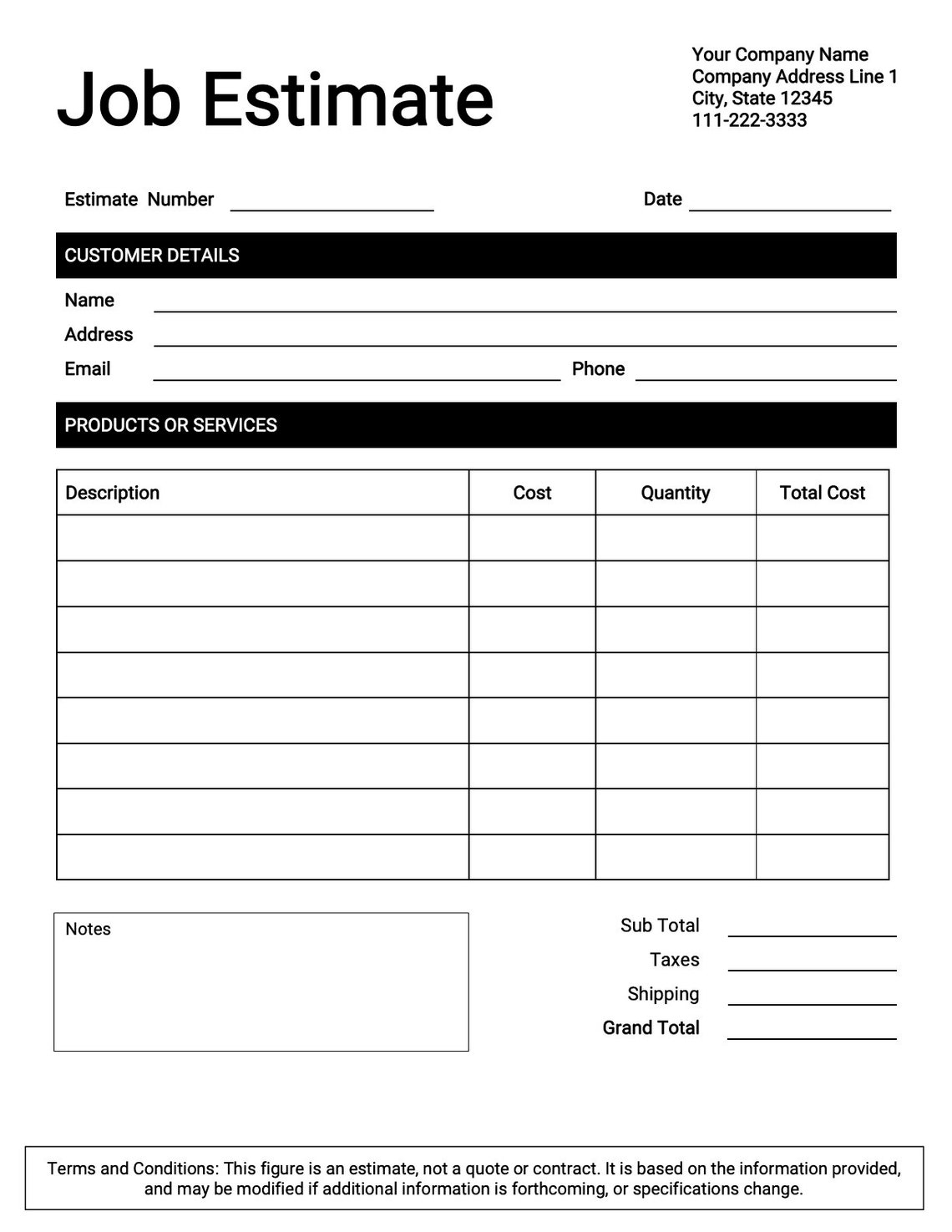 Job Estimate Form Editable Estimate Template Printable | Etsy