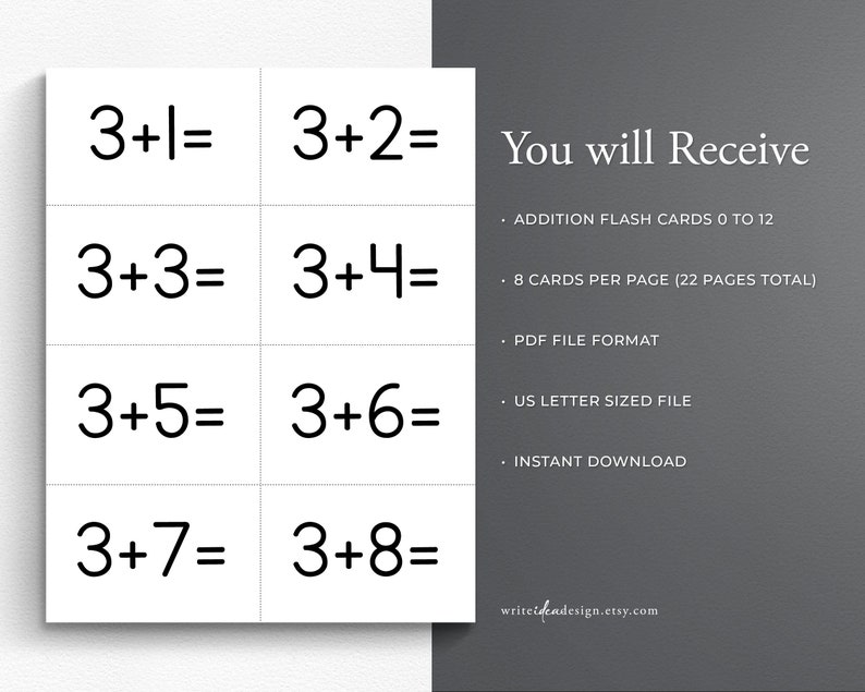 Printable Addition Flash Cards: Math Practice, Numbers 0-12 (PDF) - Etsy
