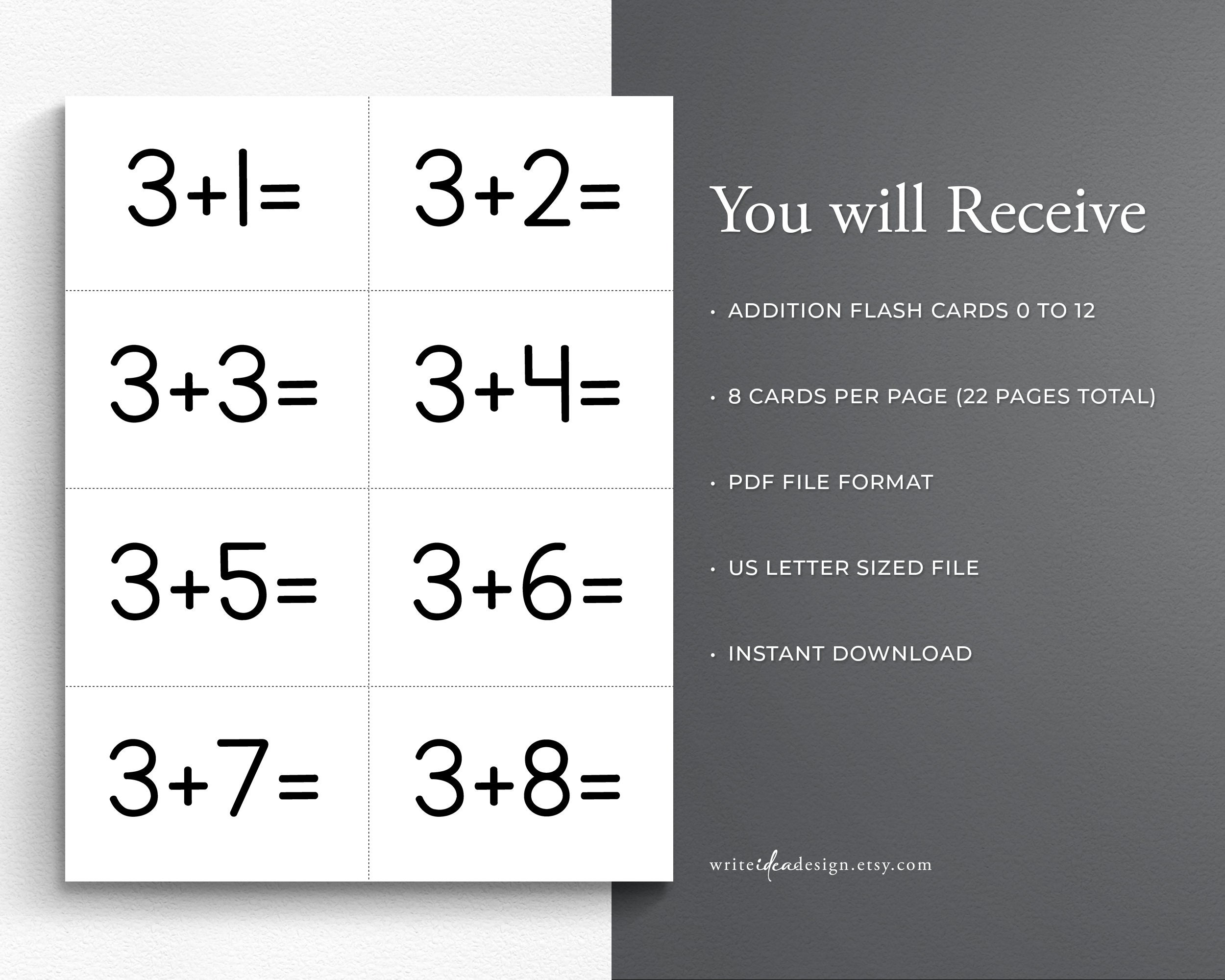 Printable Addition Flash Cards: Math Practice, Numbers 0-12 (PDF) - Etsy