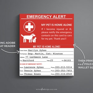 Printable Emergency My Pet is Home Alone Information Cards. Pet Owner ...