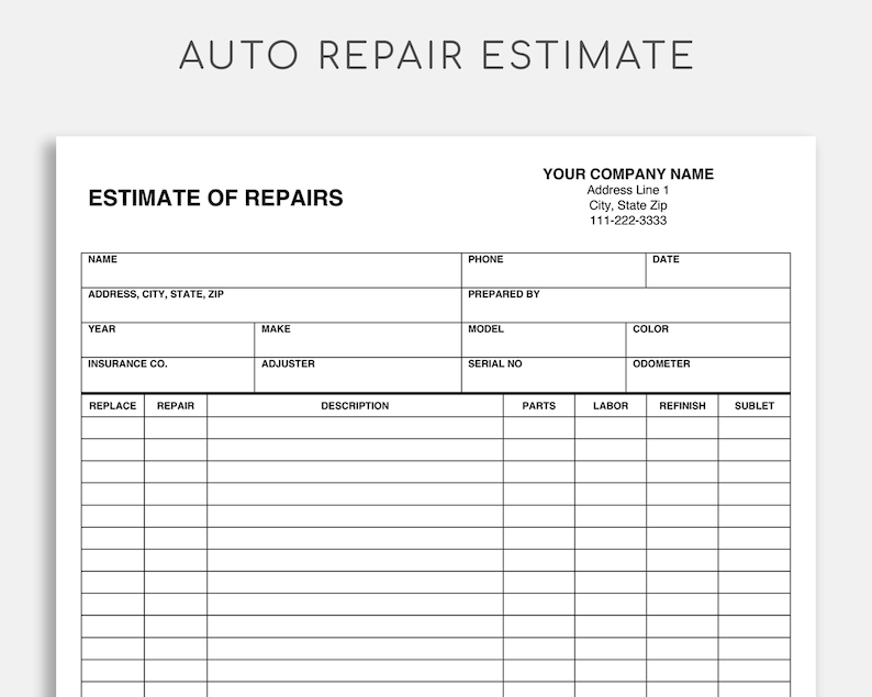 Auto Repair Estimate. Body Shop Estimate. Auto Body Estimator. - Etsy