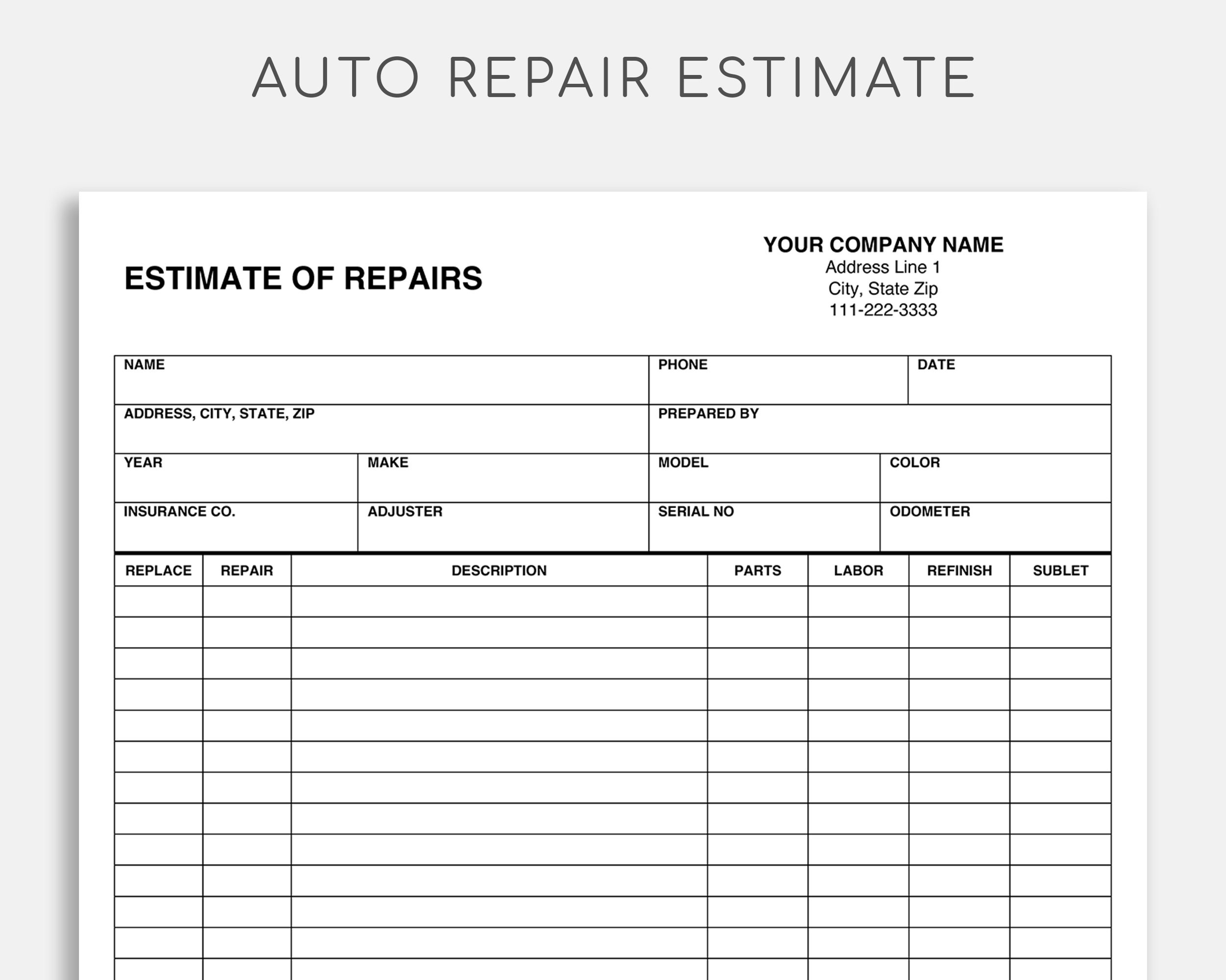 Auto Repair Estimate Body Shop Estimate Auto Body Estimator Etsy Canada
