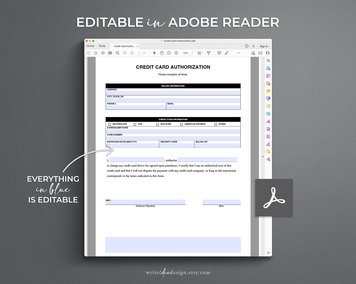 Credit Card Authorization. Pdf/google Docs/word. Credit Card - Etsy