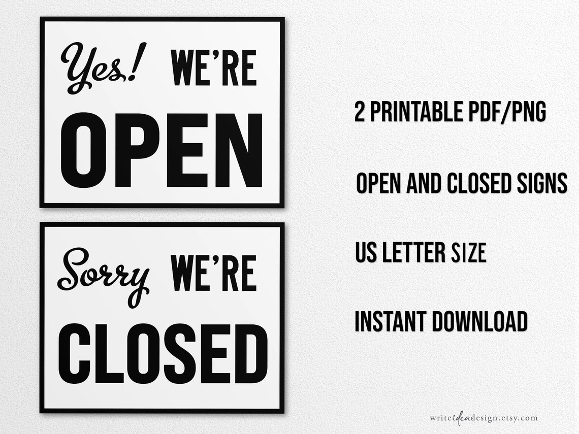Printable Closed and Open Signs Set in US Letter, Instant Download PDF ...