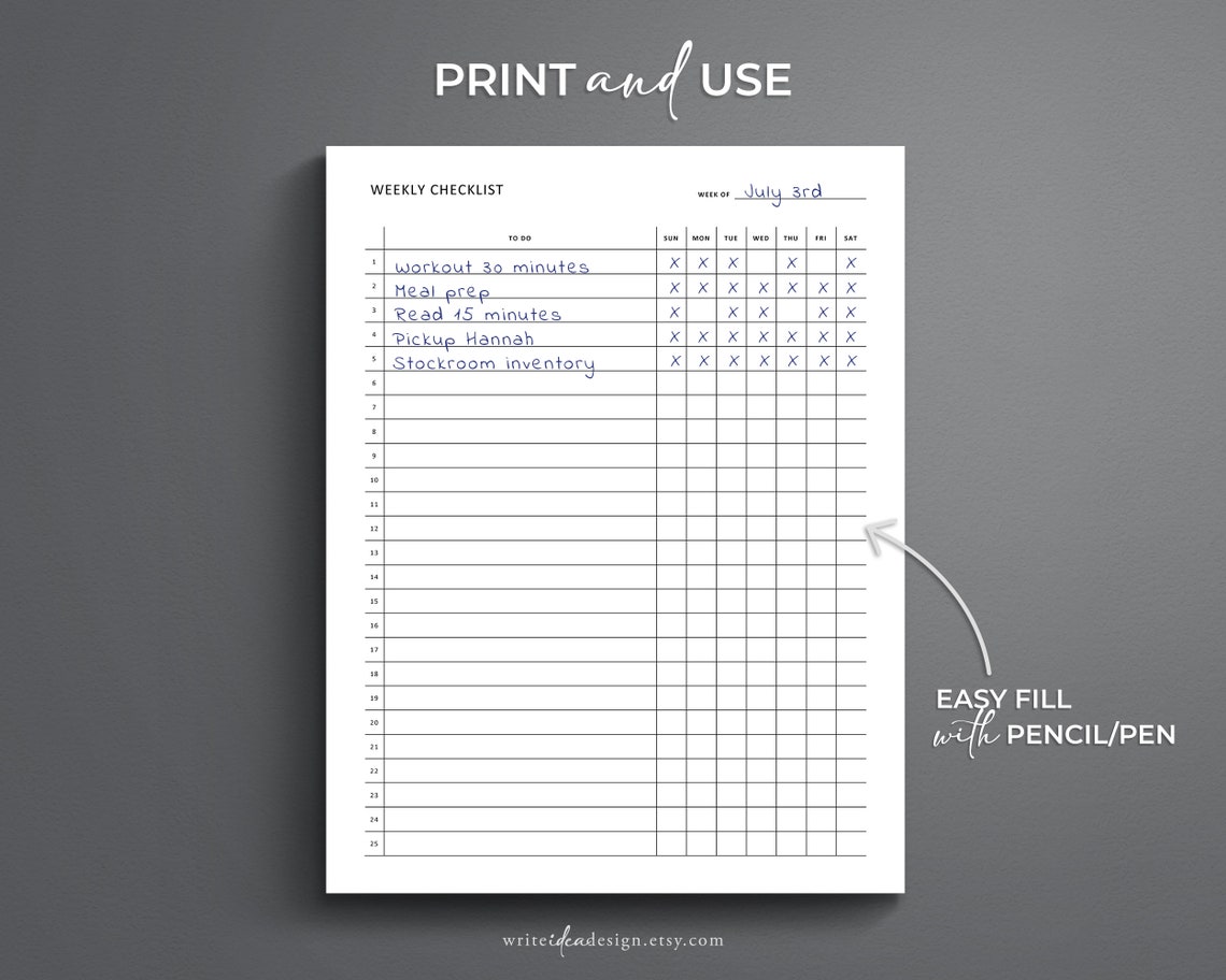 Weekly to Do List. Weekly Checklist Printable. Weekly Planner. - Etsy