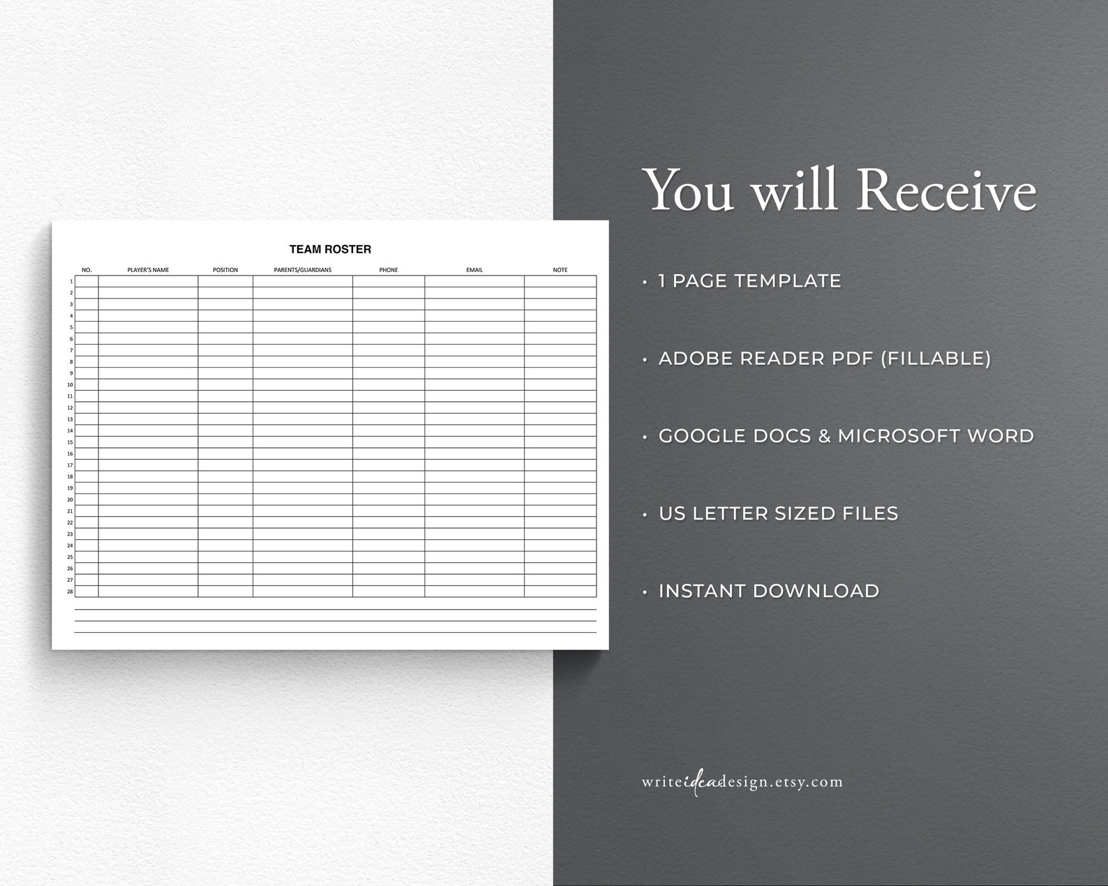 Sports Team Roster Template: Printable PDF, Google Docs, Word - Etsy