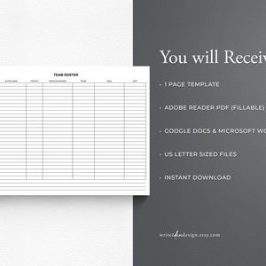 Sports Team Roster Template: Printable PDF, Google Docs, Word - Etsy