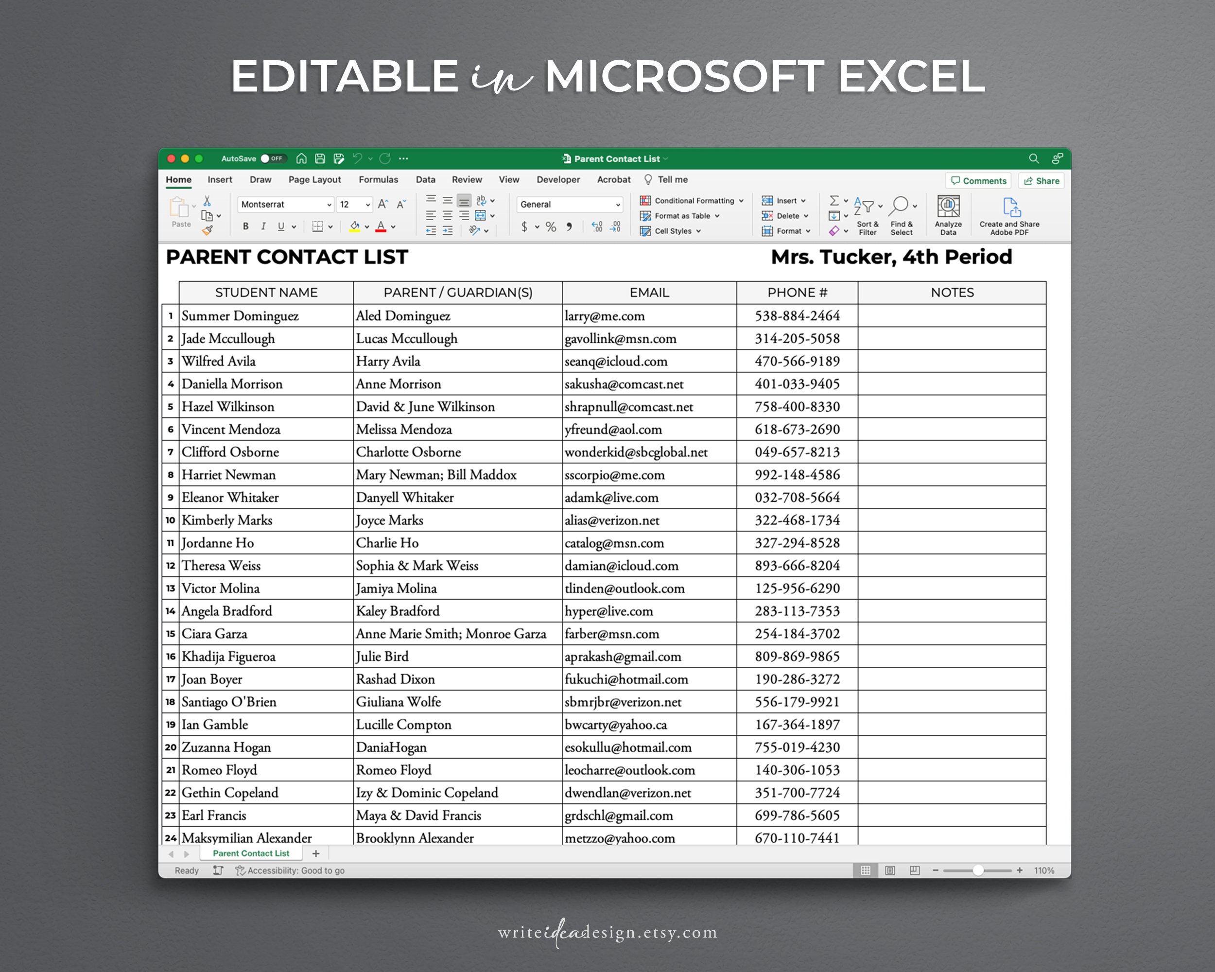 Parent Contact List Template: Excel, Google Sheets, Printable PDF - Etsy