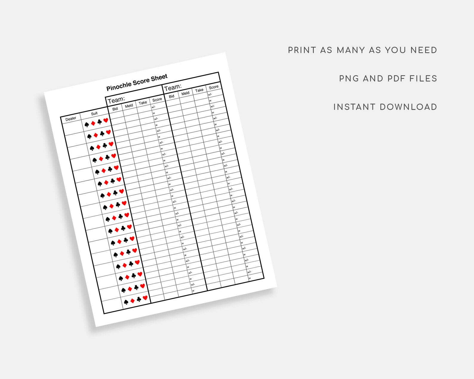 Pinochle Score Card. Printable Pinochle Score Sheet. Pinochle - Etsy