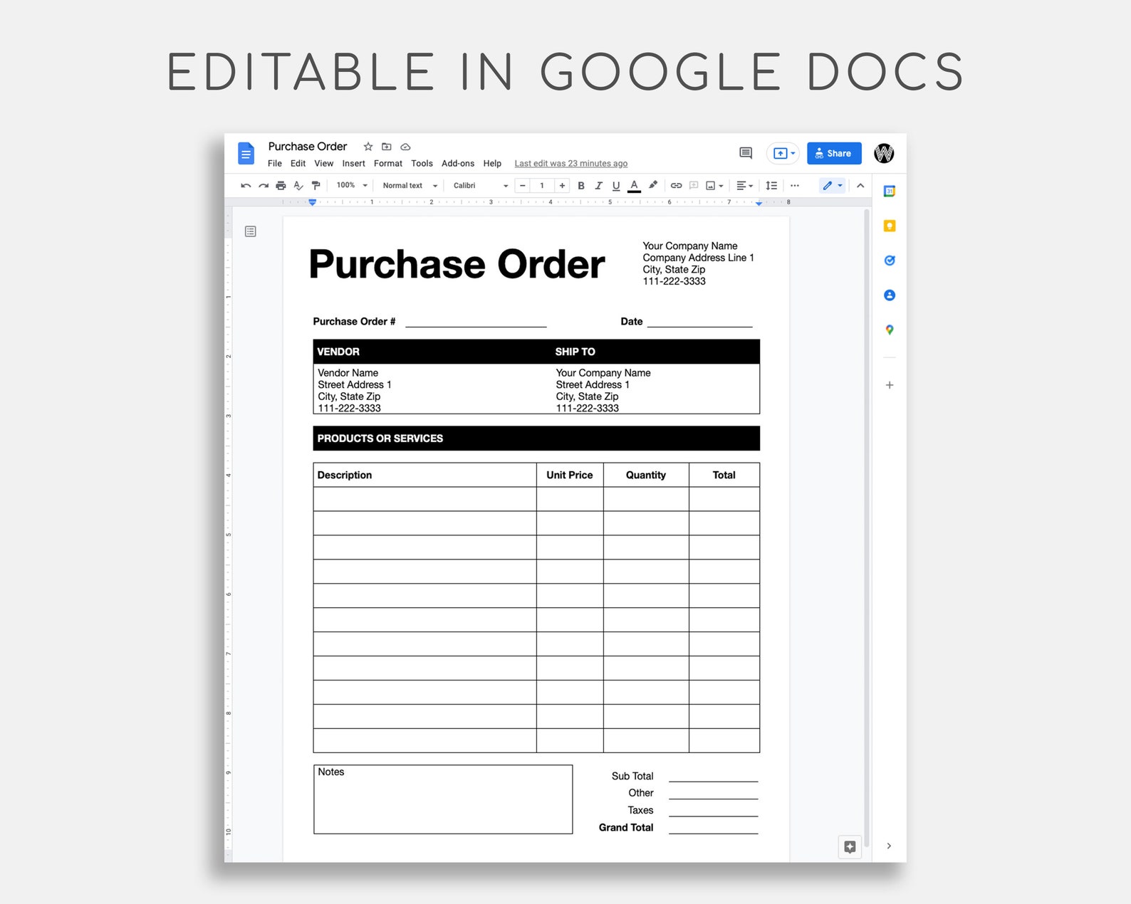 Purchase Order Template. Pdf/google Docs/microsoft Word. - Etsy