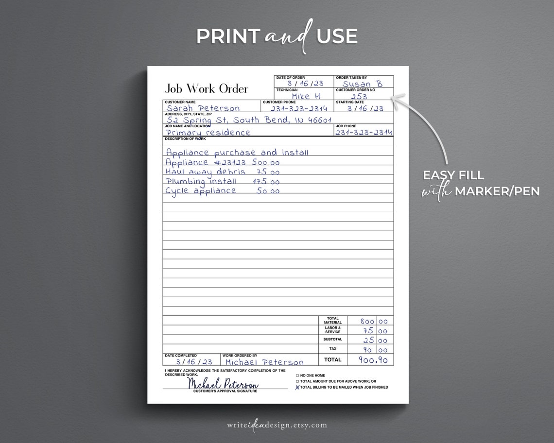 Printable Job Work Order Form: Small Business Template (US Letter) - Etsy