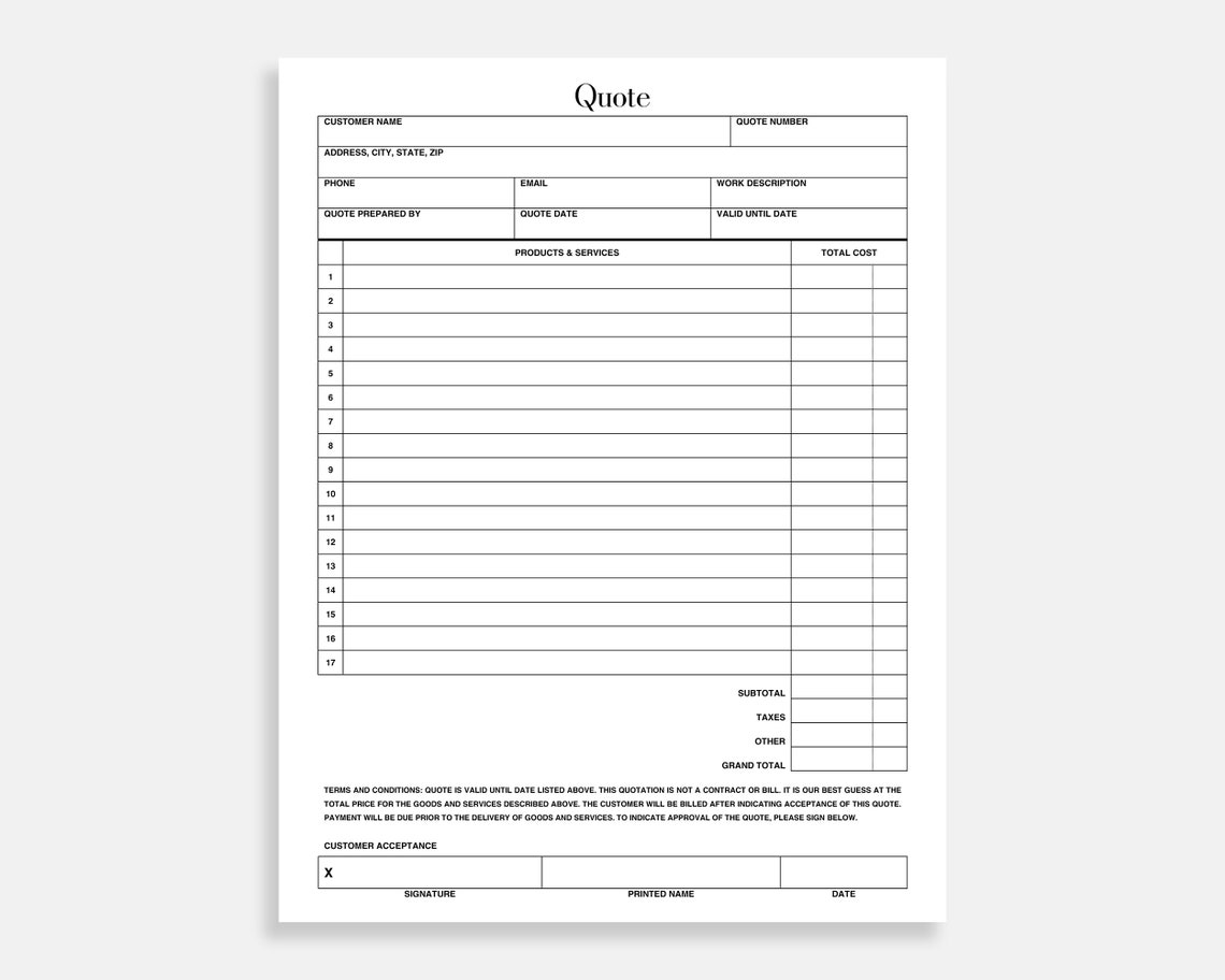 Printable Quote Template. Quote Form. Job Proposal Template. - Etsy