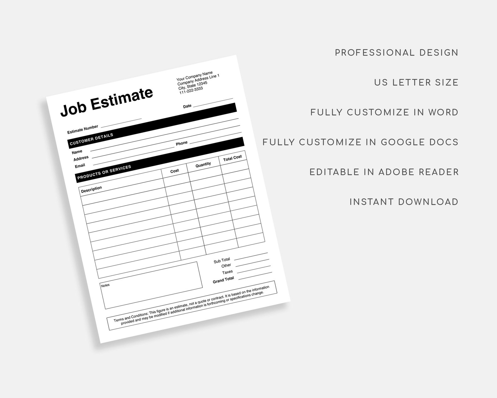Job Estimate. Pdf/google Docs/microsoft Word. Contractor - Etsy
