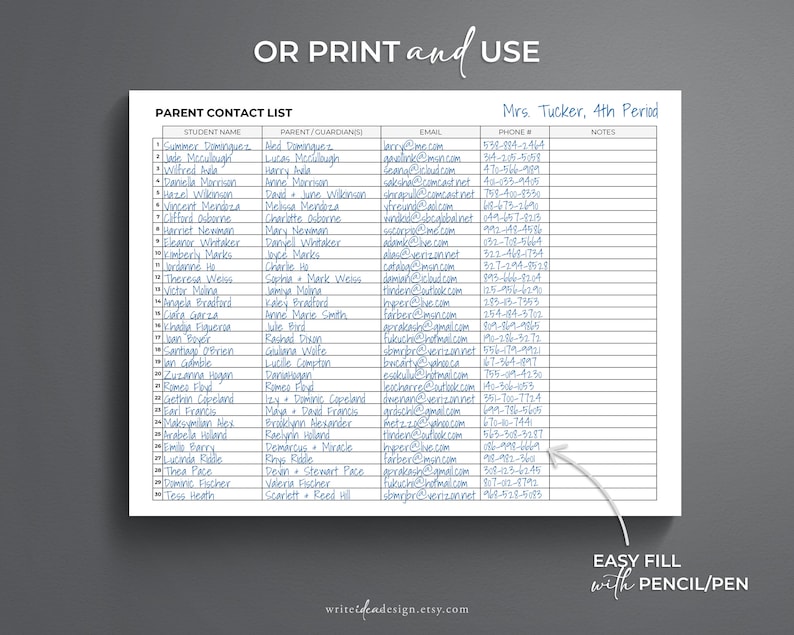 Parent Contact List Template: Excel, Google Sheets, Printable PDF - Etsy