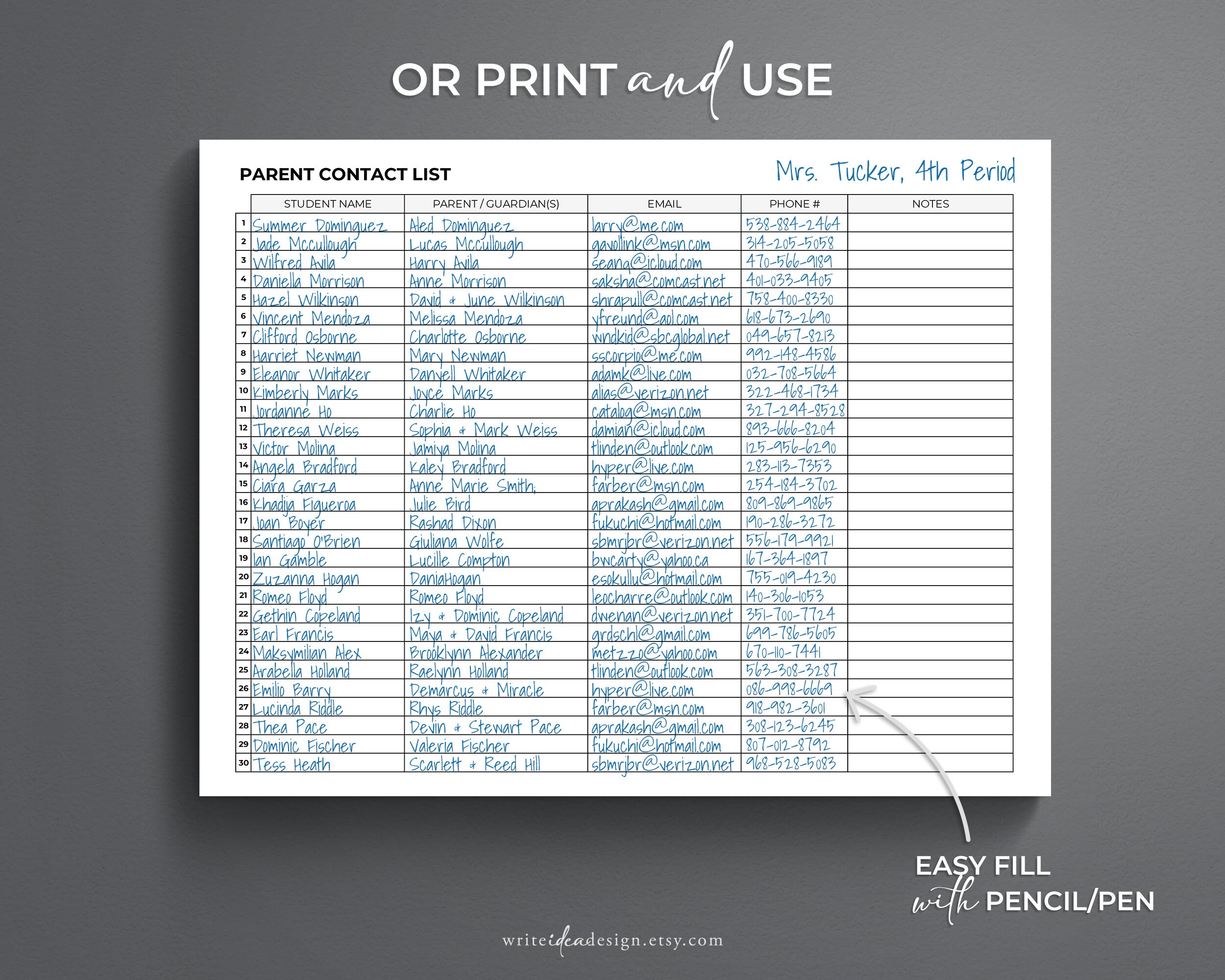 Parent Contact List Template: Excel, Google Sheets, Printable PDF - Etsy