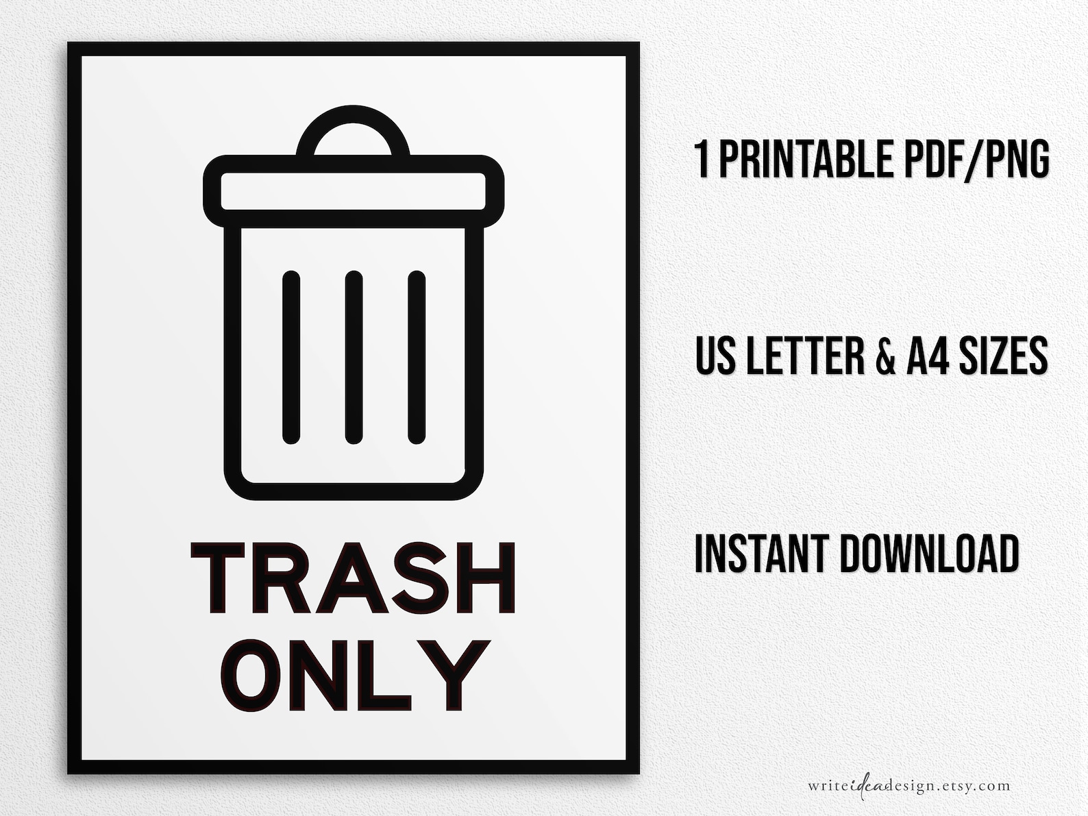 Printable Trash Only Signs in US Letter and A4 Sizes, Instant Download ...