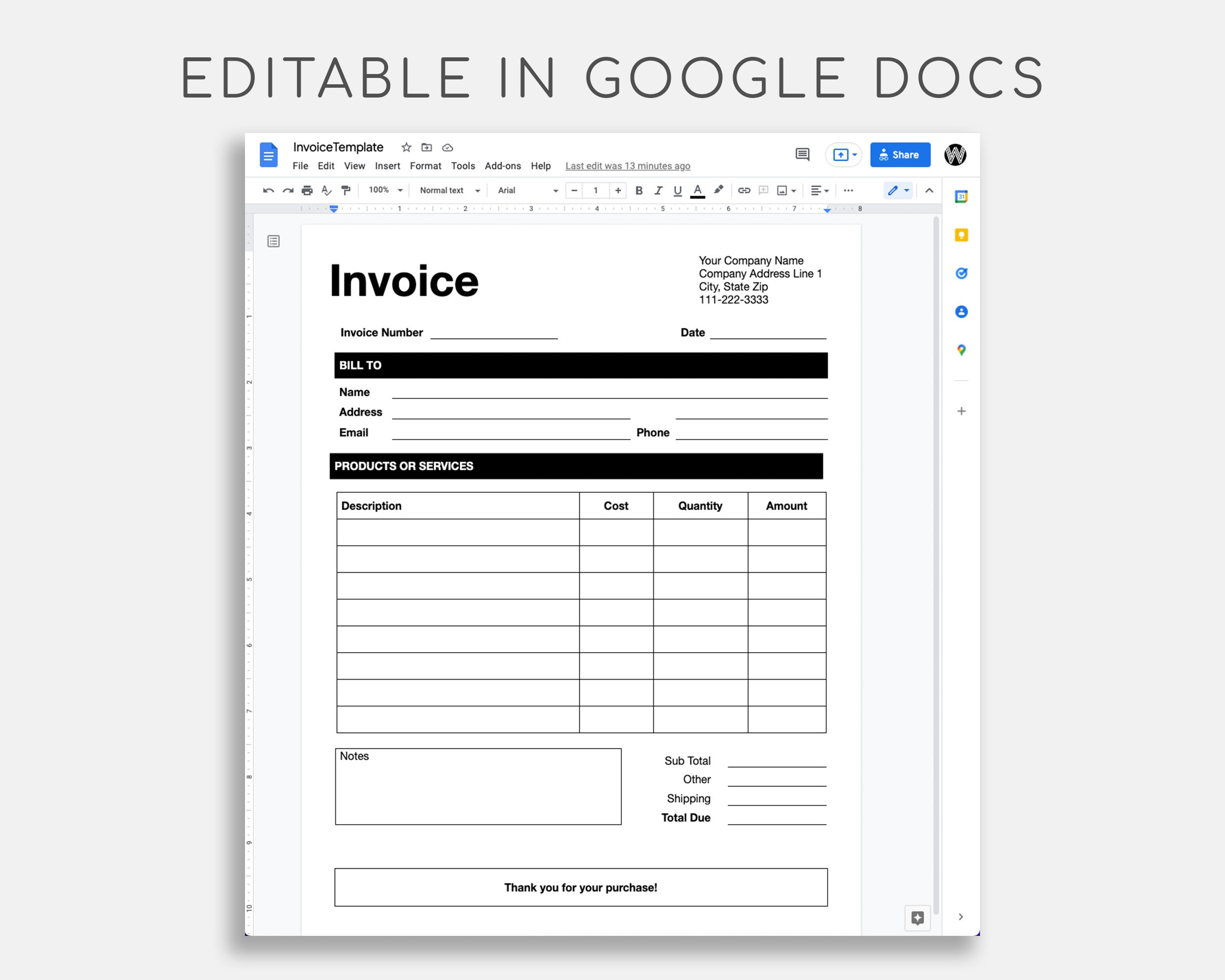 Invoice Template Pdf/google Docs/word. Business Invoice. - Etsy