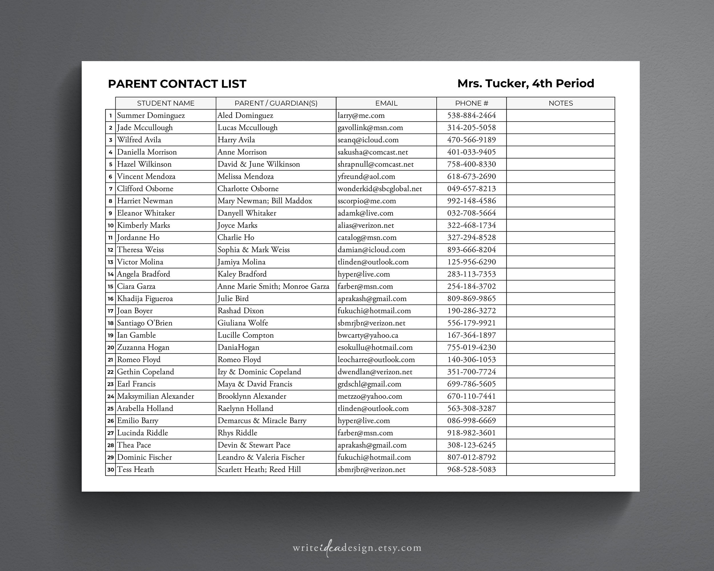 Parent Contact List Template: Excel, Google Sheets, Printable PDF - Etsy