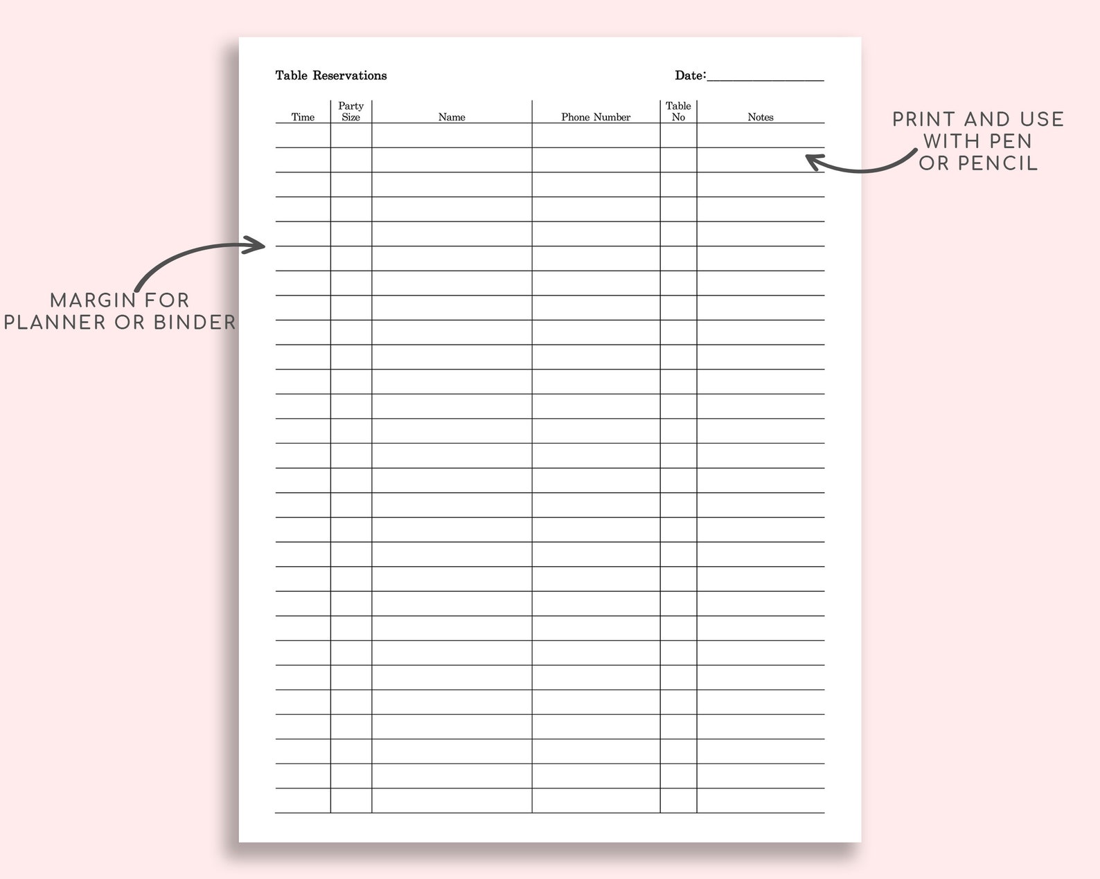 Printable Table Reservation List. Restaurant Table Reservation - Etsy