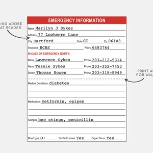 Printable Emergency Information Cards. Medical Alert ID. - Etsy