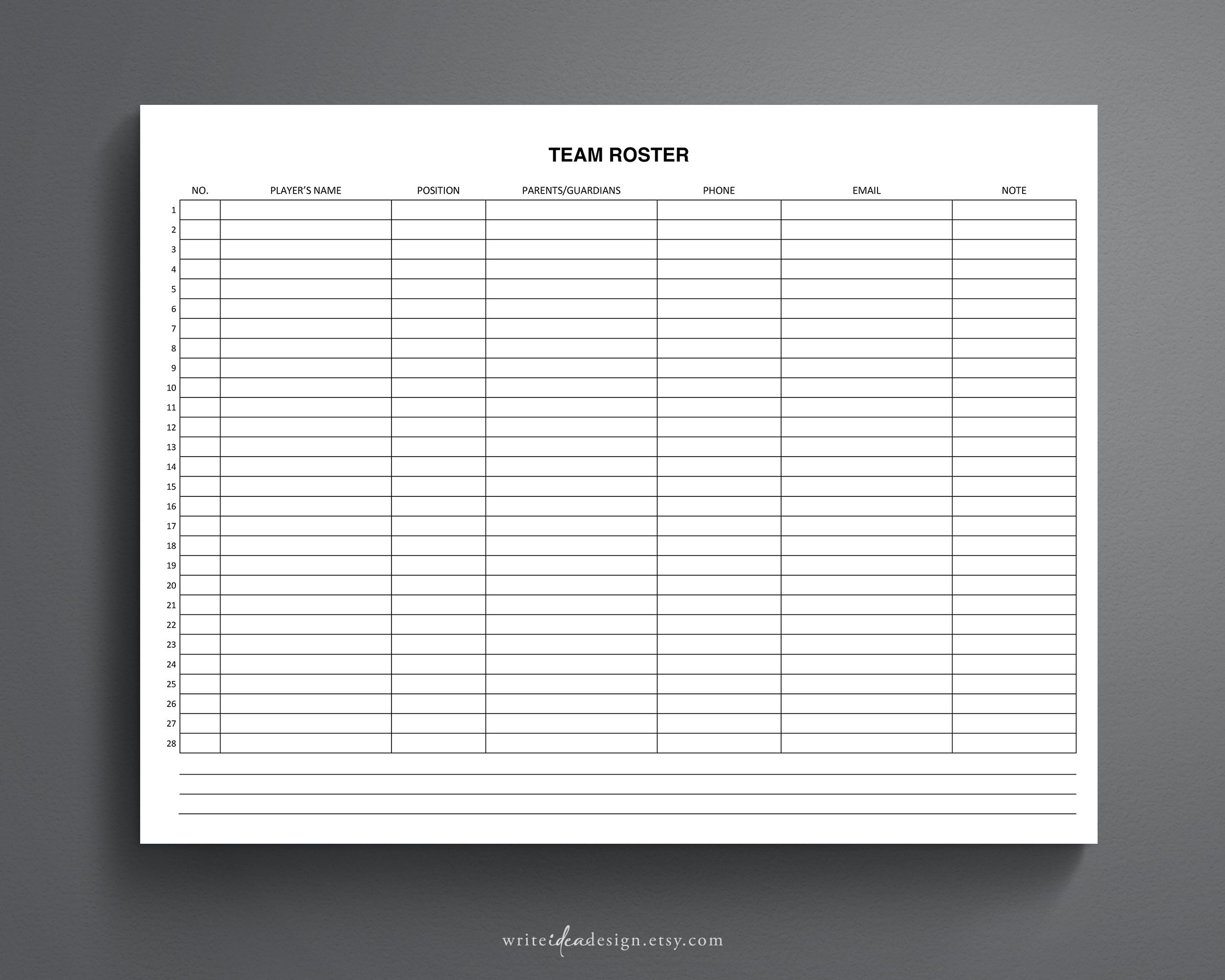 Sports Team Roster Template: Printable PDF, Google Docs, Word - Etsy