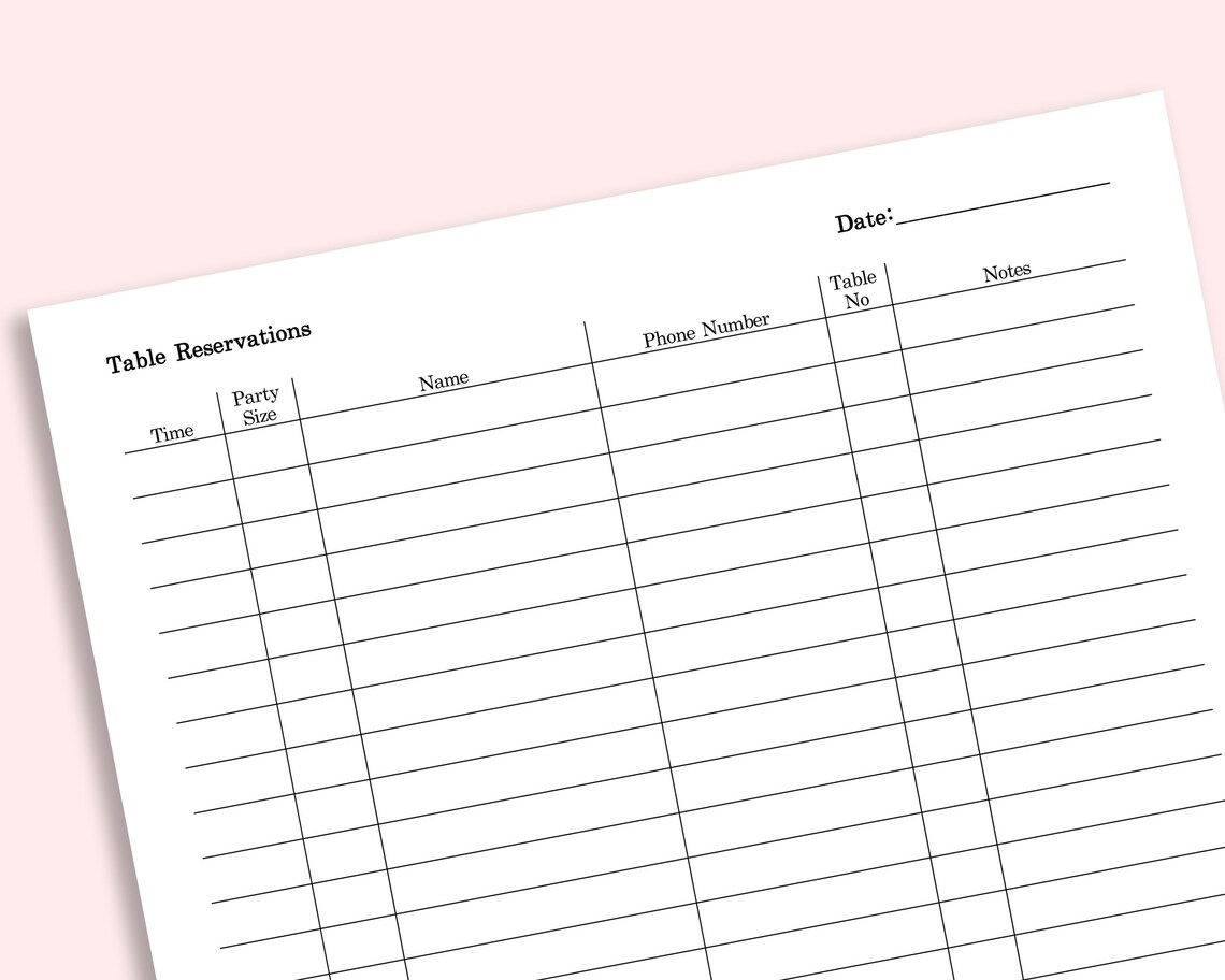 Printable Table Reservation List. Restaurant Table Reservation - Etsy