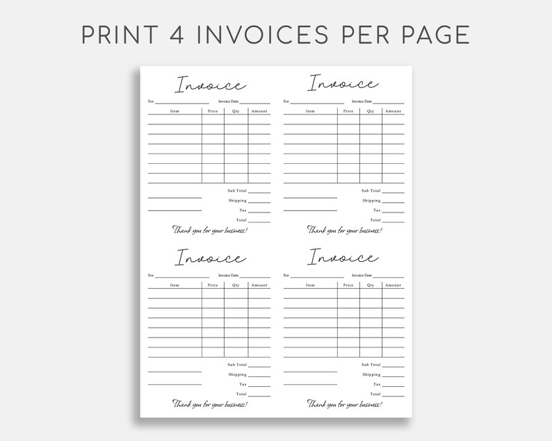 Printable Invoice. 4 per Page Invoice Form. Simple Invoice. - Etsy