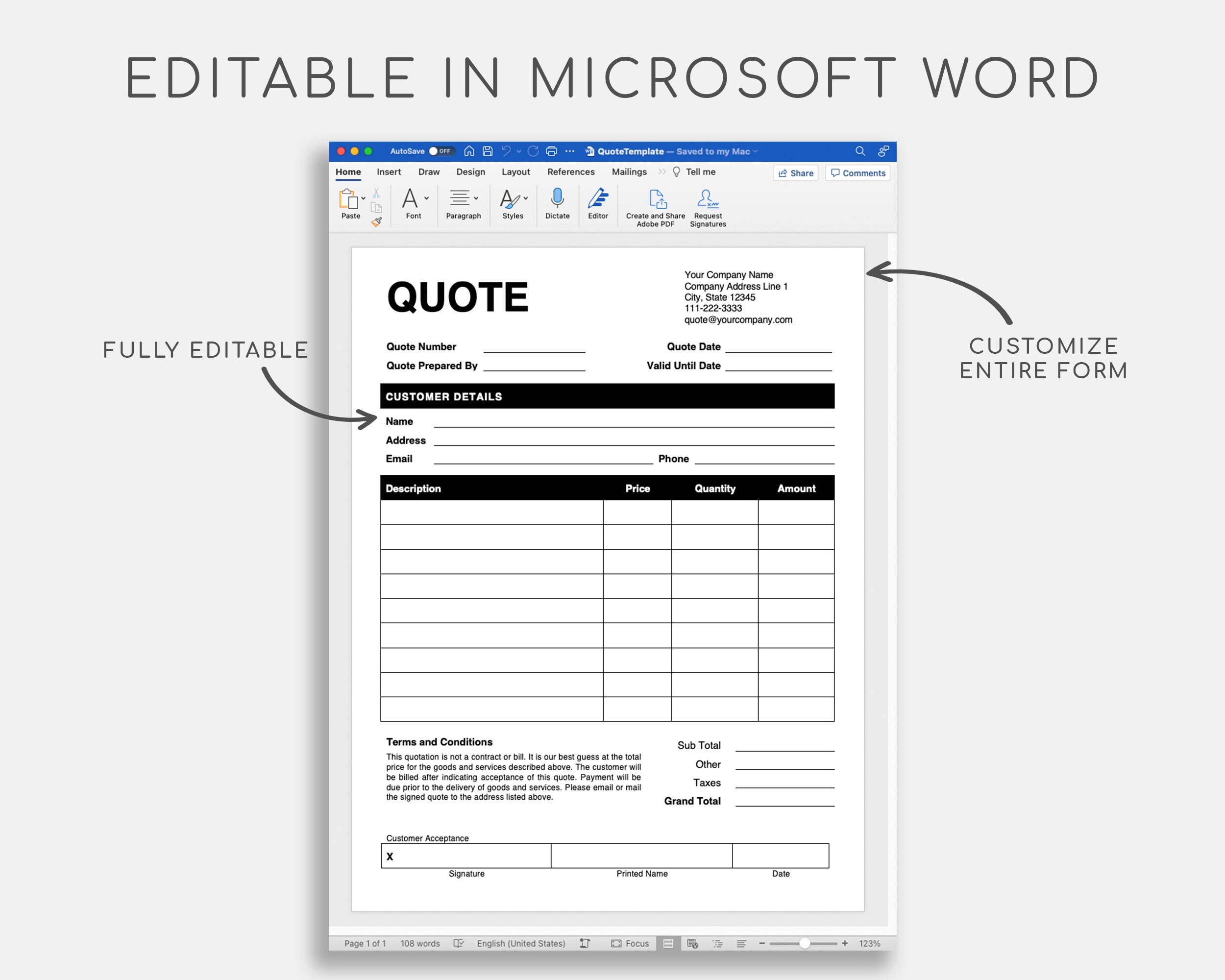 Quote Template. Pdf/google Docs/microsoft Word. Quote Form. | Etsy ...