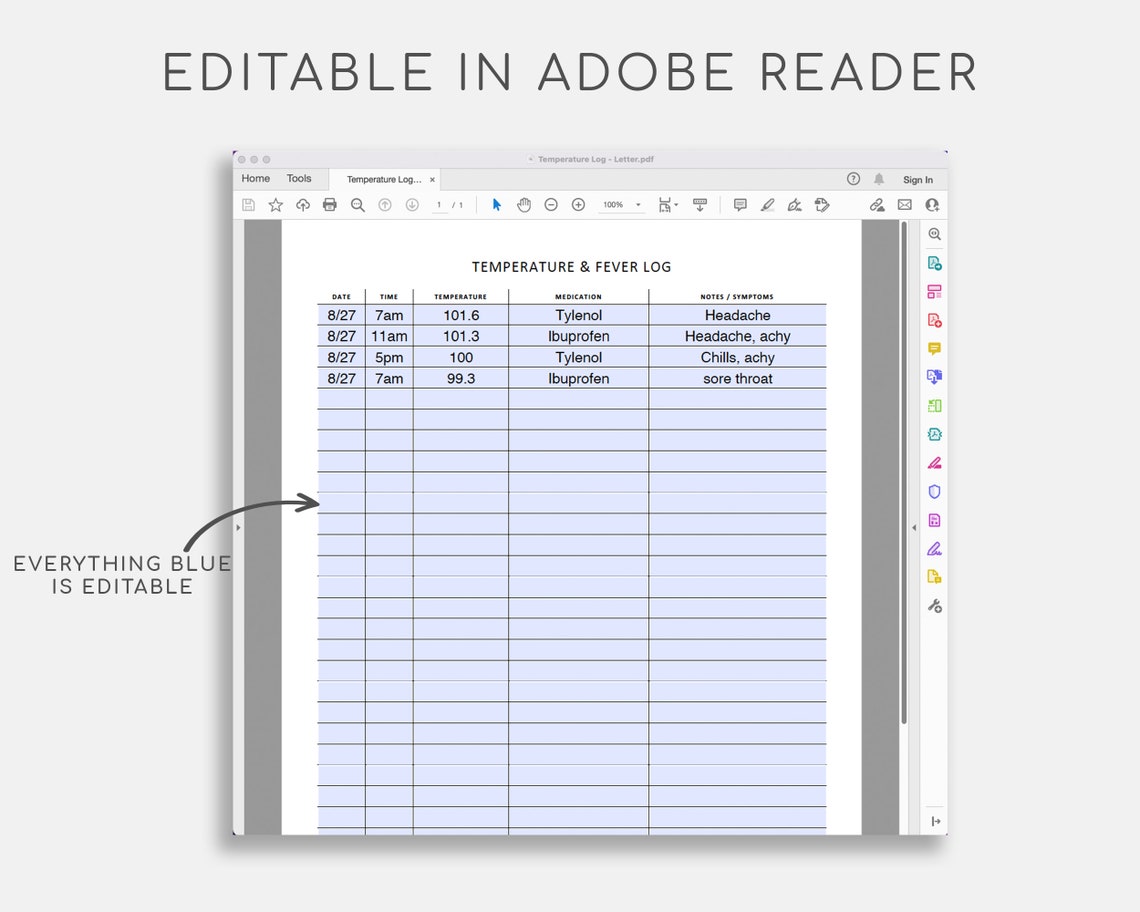Temperature & Fever Log. Fever Chart. Sick Child Log. Sick | Etsy