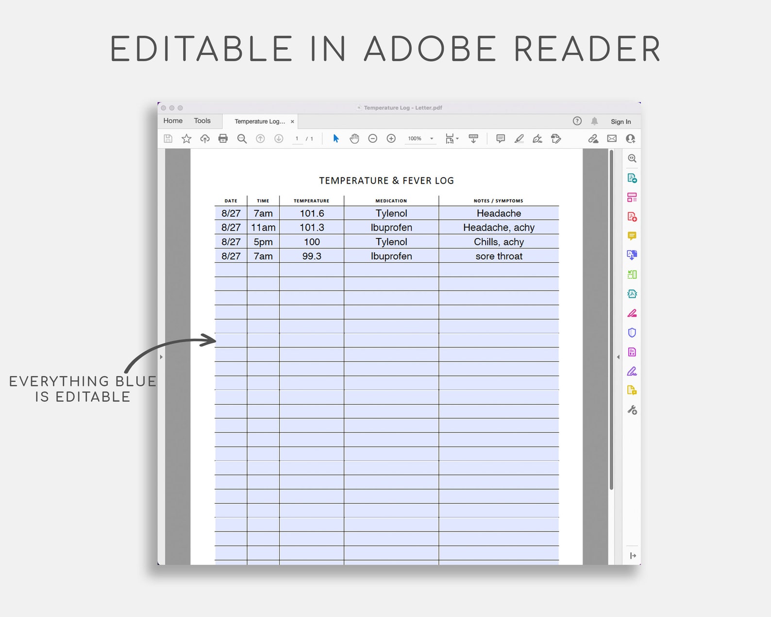Temperature & Fever Log. Fever Chart. Sick Child Log. Sick | Etsy