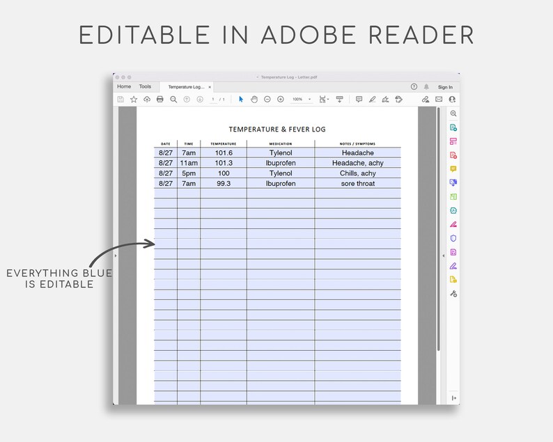 Temperature & Fever Log. Fever Chart. Sick Child Log. Sick | Etsy