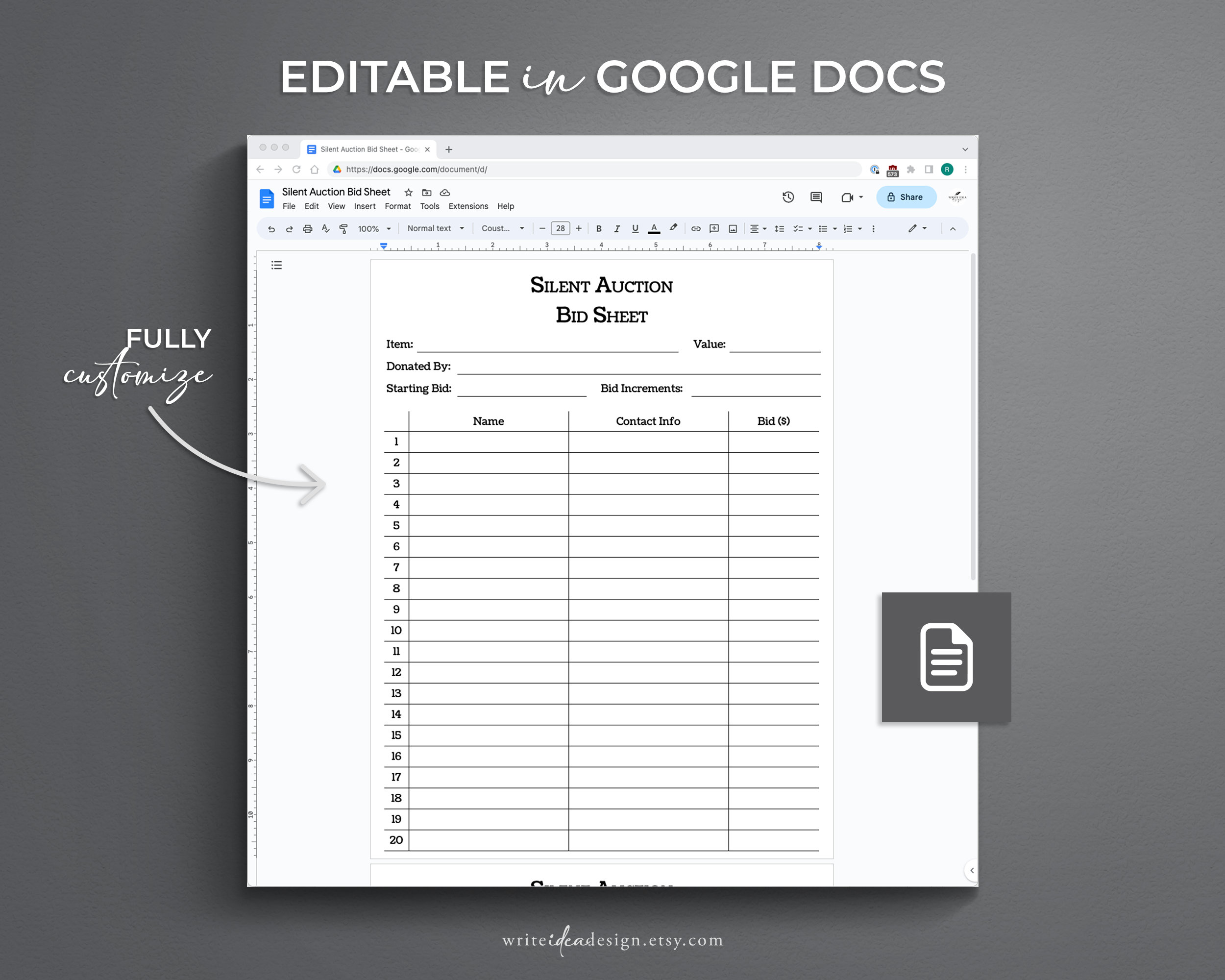 Editable Silent Auction Bid Sheet Template (PDF, Word, Google Docs) - Etsy