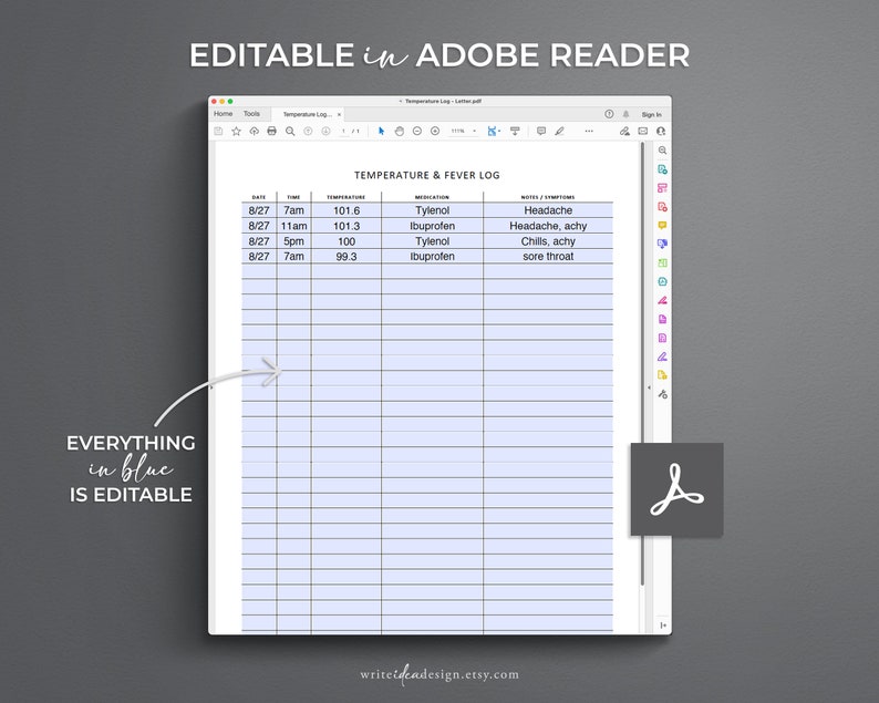 Temperature & Fever Log. Fever Chart. Sick Child Log. Sick - Etsy
