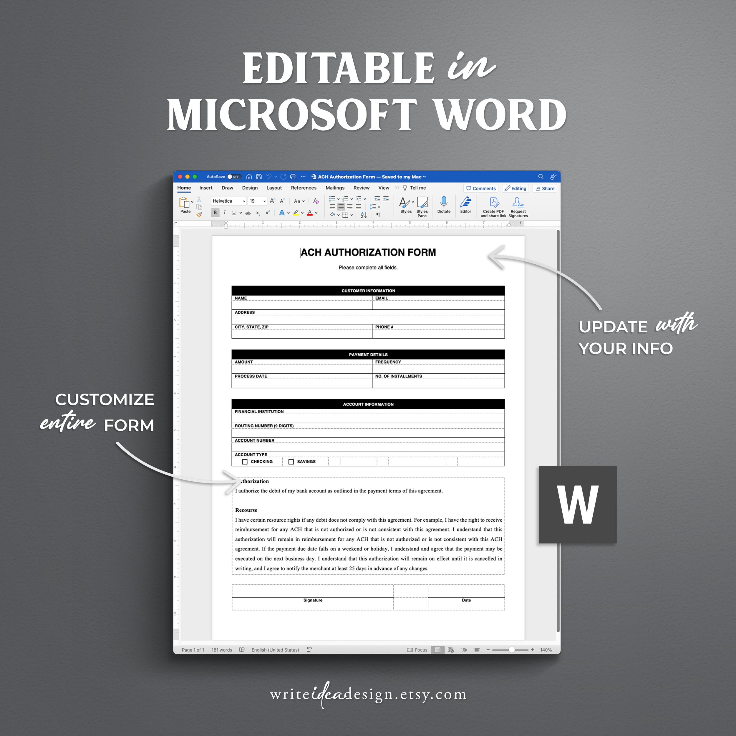 ACH Authorization Form Template - Debit Authorization for Payment ...
