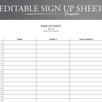 Printable Sign up Template, Sign up Form, Event Sign up Sheet, Sign up ...