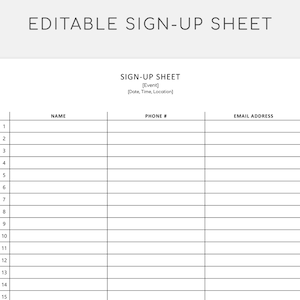 Editable Sign up Sheet. Pdf/google Docs/microsoft Word. Sign - Etsy