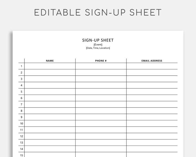 Editable Sign up Sheet. Pdf/google Docs/microsoft Word. Sign - Etsy
