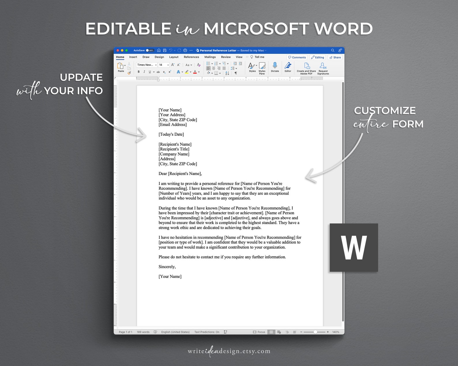 Personal Reference Letter Template. Google Docs/microsoft Word. Letter ...