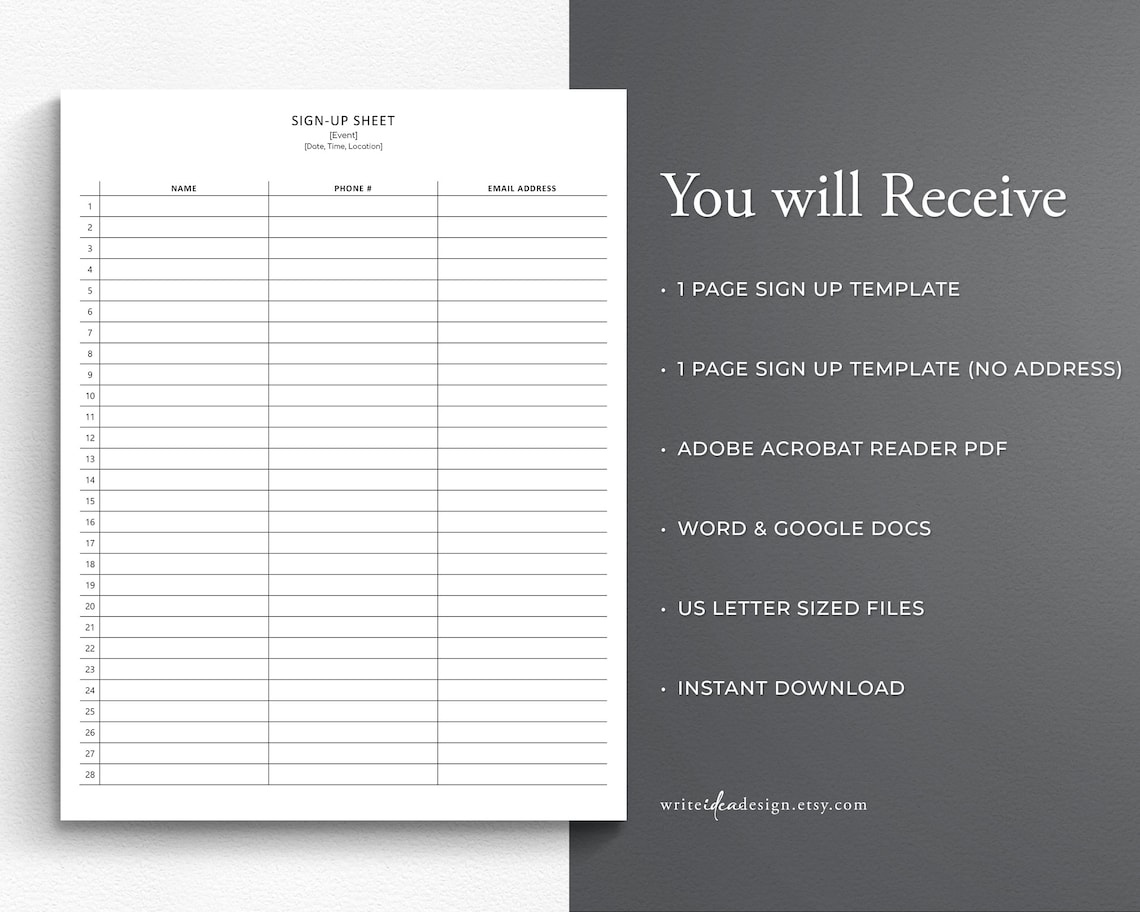Editable Sign up Sheet. Pdf/google Docs/microsoft Word. Sign up ...