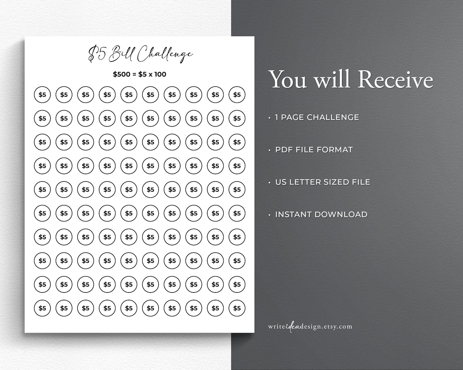5 Dollar Bill Challenge Printable - Save 500. Savings Challenge. Money ...