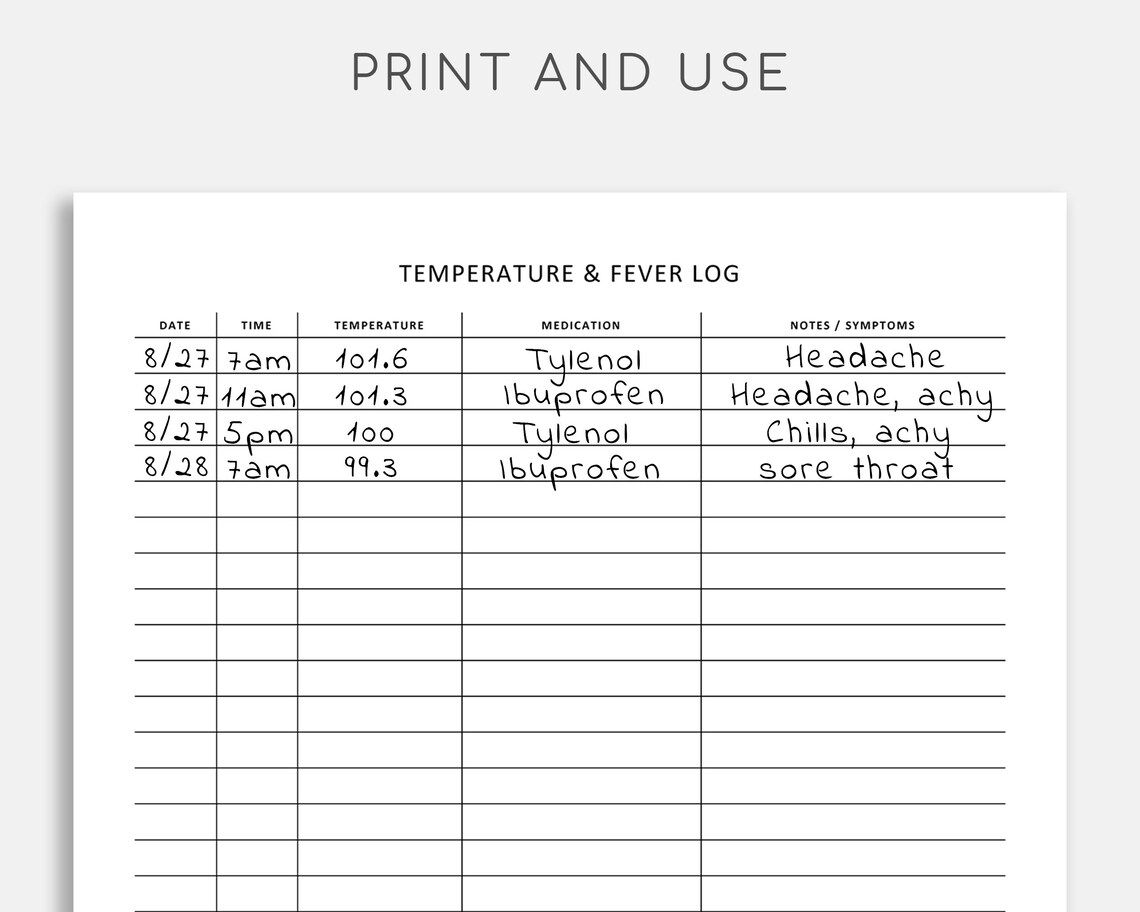 Temperature & Fever Log. Fever Chart. Sick Child Log. Sick | Etsy