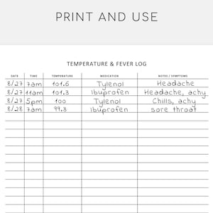 Temperature & Fever Log. Fever Chart. Sick Child Log. Sick | Etsy